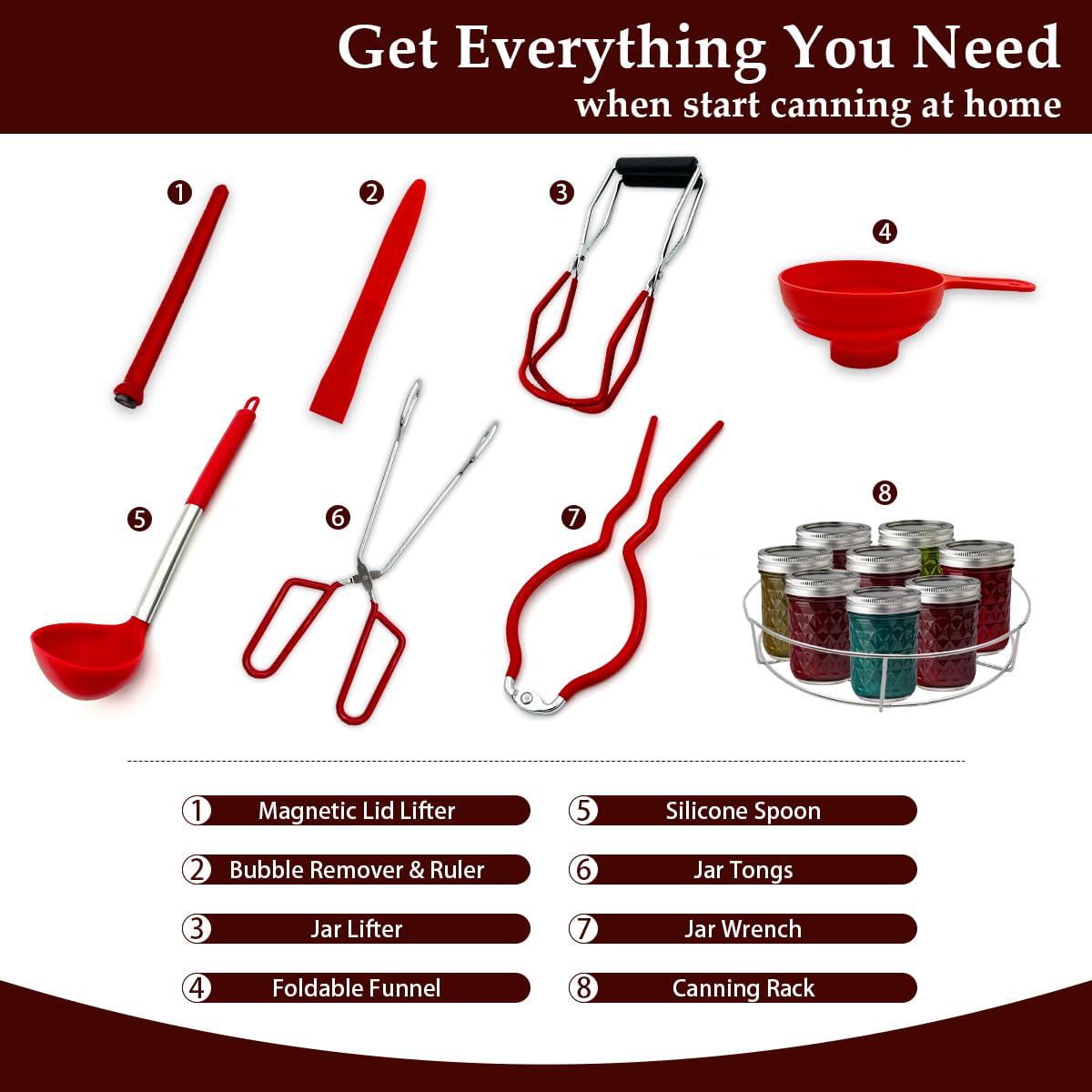 REPALY 8 Pieces Canning Supplies Starter Kit, Canning Tools Set with Rack, Funnel, Spoon, Tongs, Jar Lifter, Lid Lifter, Jar Wrench, Bubble Remover