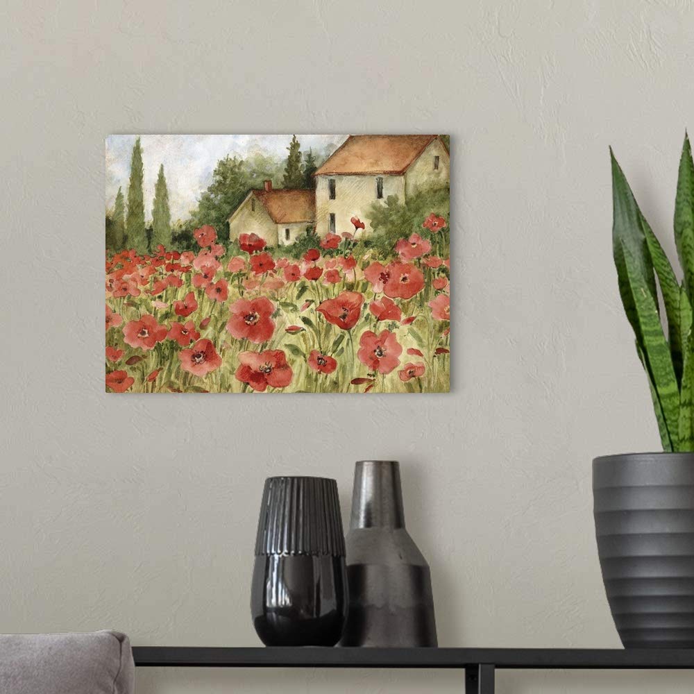 GREATBIGCANVAS Tuscan Poppy Landscape Canvas Wall Art Print, Countryside Home Decor Artwork, 40"x30"x1.5"
