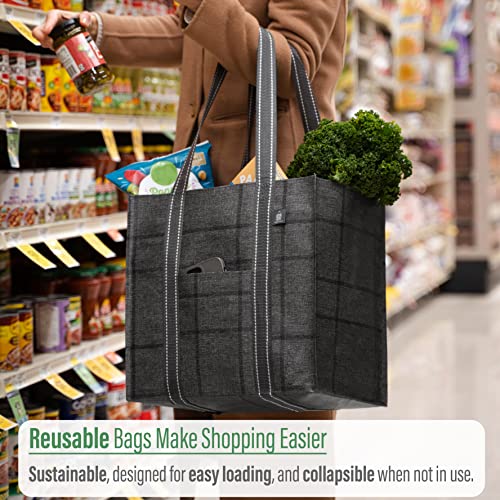 VENO 4 Pack Reusable Grocery Shopping Bag w/Hard Bottom, Foldable, Multi-Purpose Heavy-Duty Tote, Daily Utility Bag, Stands Upright, Sustainable (Set of 4 - Windowpane)