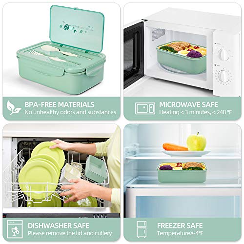 Porzu Bento Lunch Box, 1400 ML Lunch Box Meal PrepFor Kids & Adults,3 Compartments Portable Food Container with Utensil (Green)