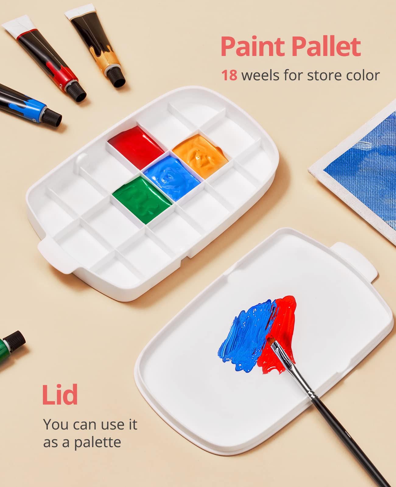 GAMENOTE Paint Brush Cleaner, Misty Grey+White, 10" x 5.5" x 4.5", Brush Basin with 18 Wells, 3 Compartments for Washing, Lightweight and Portable