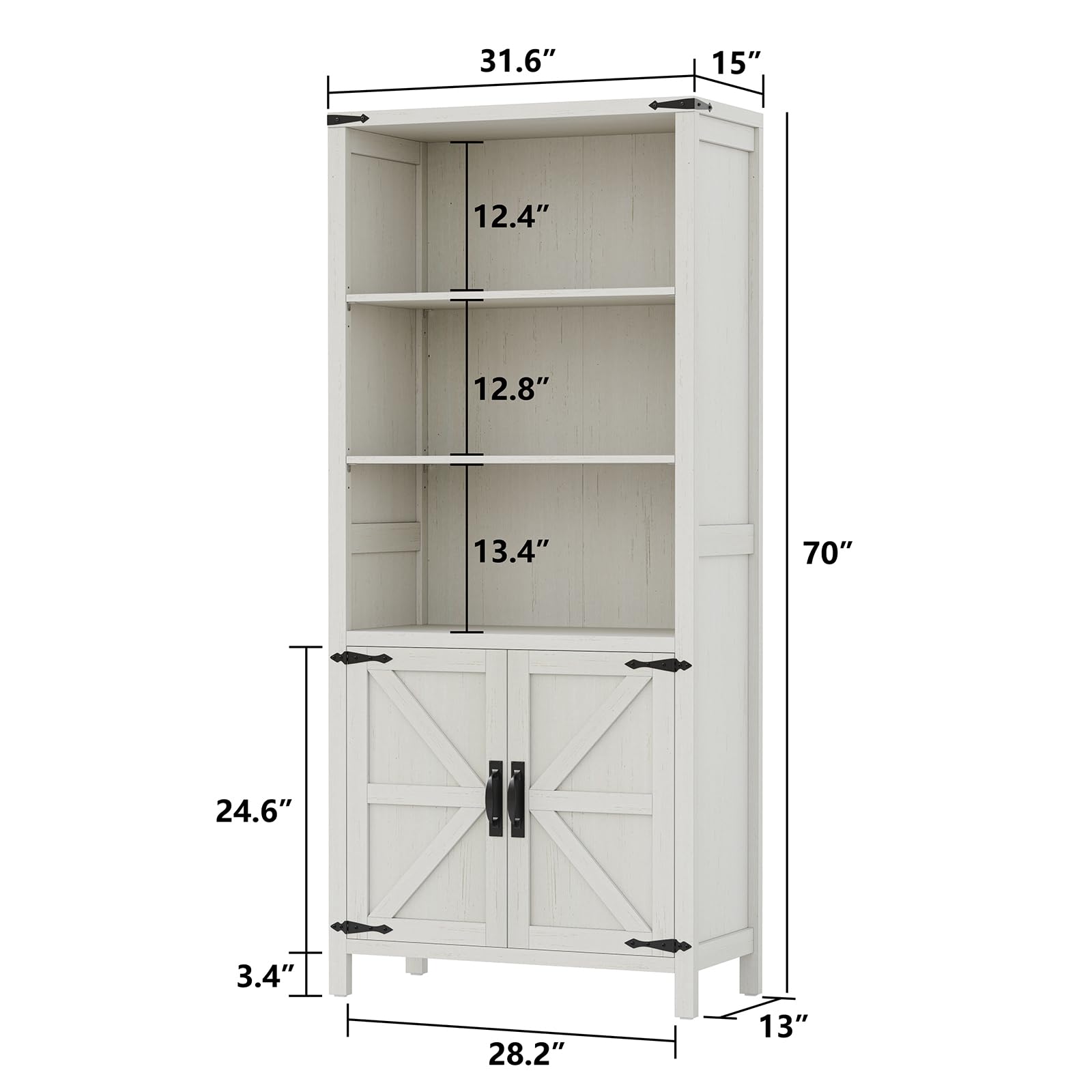 furomate Farmhouse Bookcase and Bookshelf with Doors, 5-Shelf Bookcase Adjustable Bookshelf, Wood Bookcase Tall Storage Cabinet for Bedroom, Living Room, Kitchen, White