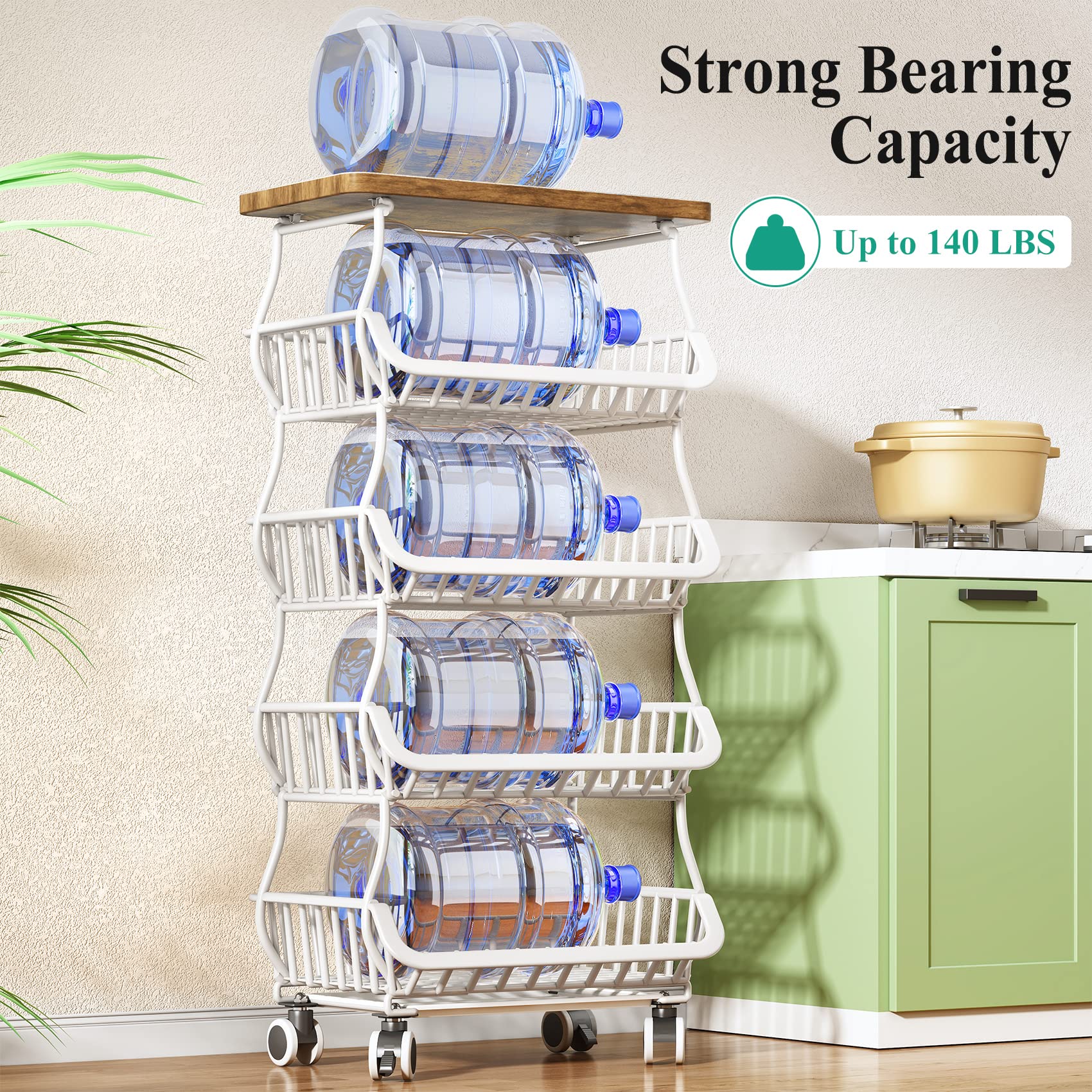 Fruit Basket for Kitchen with Wood Top 5 Tier, SAYZH Stackable Fruit and Vegetable Storage Cart, Wire Storage Basket with Wheels, Vegetable Basket Bins Rack for Onions and Potatoes, White