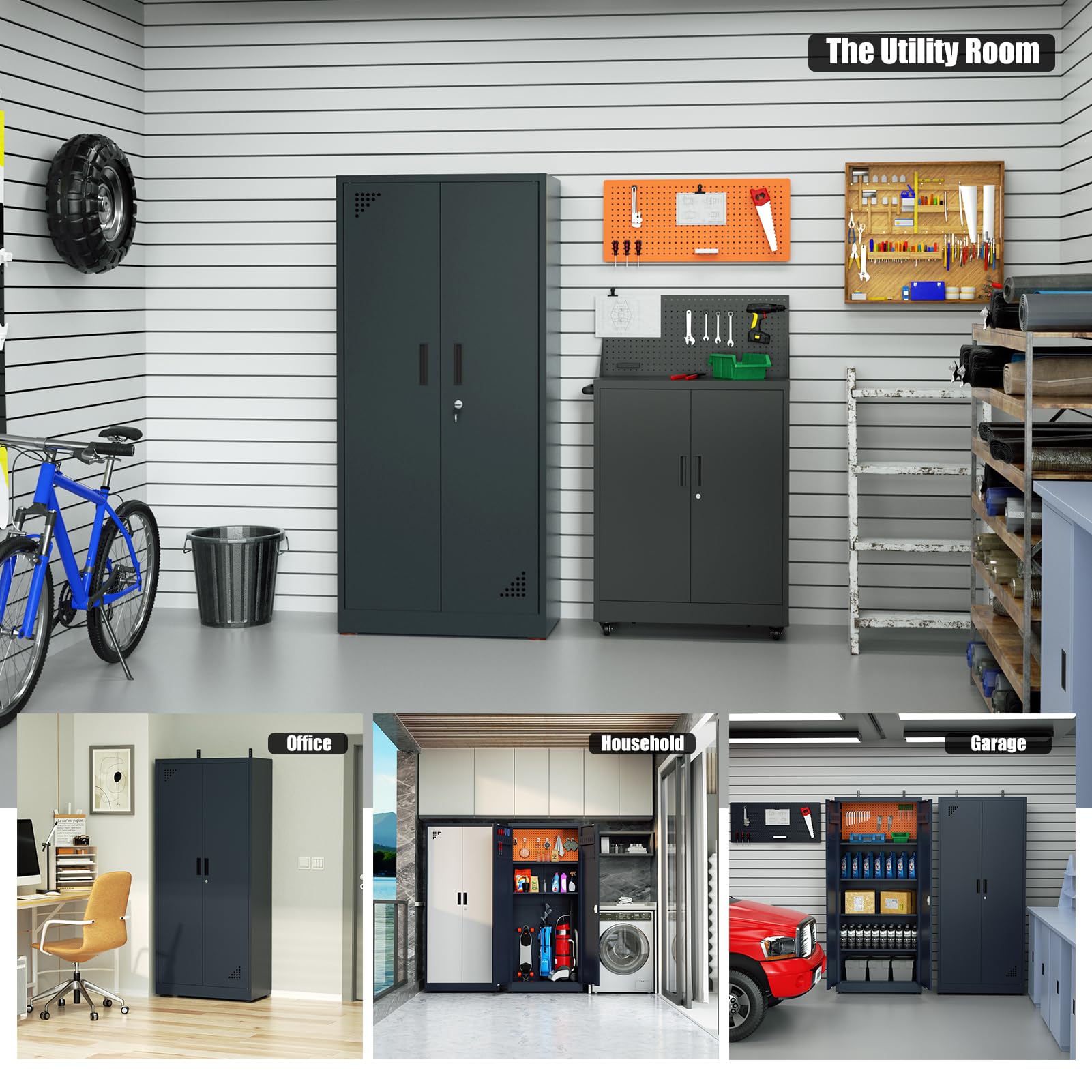 Garage Storage Cabinet Metal Storage Cabinet with 2 Doors and 4 Adjustable Shelf Height and Leg Levelers for Office, Home, School, Garage (Dark Gray, 43 inch)