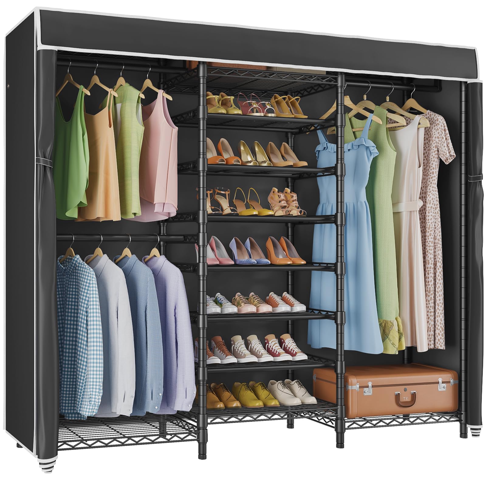 VIPEK S3C Heavy Duty Portable Closet with Adjustable Shoe Rack Wire Shelf, Large Wardrobe Organizer for Bedroom Storage, Freestanding Clothes Rack with Hanging Rod, Custom Black Rack with Black Cover