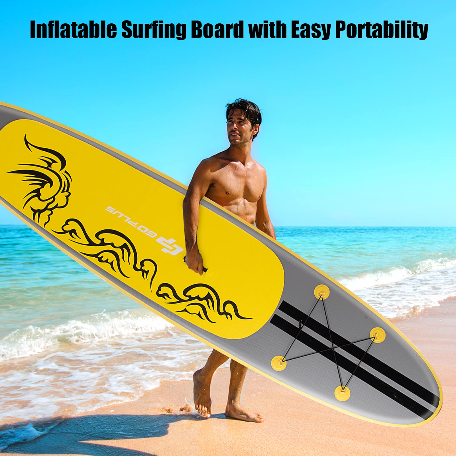 Goplus 10/ 11FT Inflatable Stand up Paddle Board Latest Inkjet Process Anti-Fading 6.5” Thick SUP with 3 Fins, Non-Slip Deck, Adjustable Paddle, Hand Pump, Carry Bag, Leash (Yellow, 11FT)