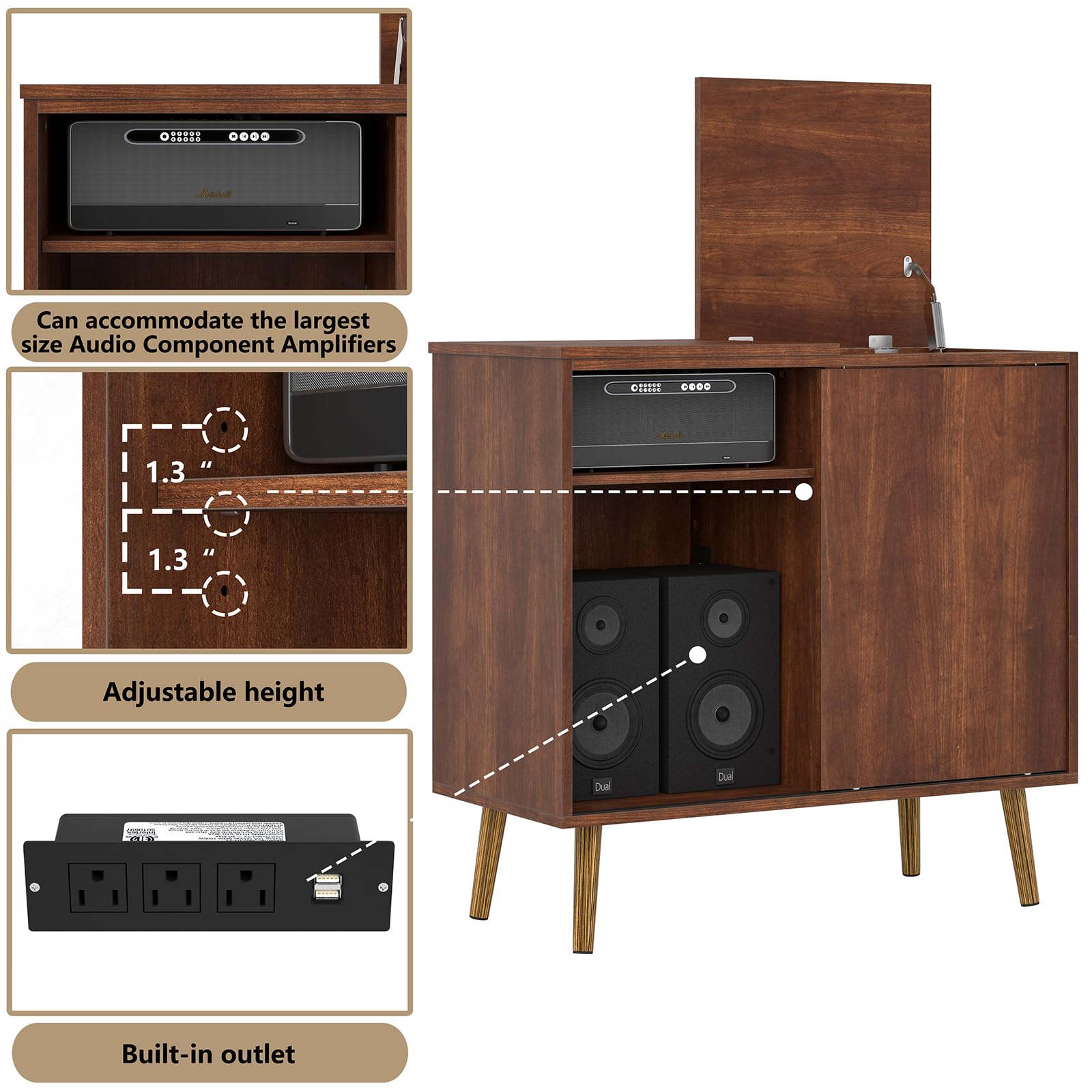 furomate Record Player Stand with Storage, 2 Tier Vinyl Record Storage Cabinet, Mid-Century Record Player Table with Power Outlets & LED Lights, Turntable Stand for Living Room, Mahogany