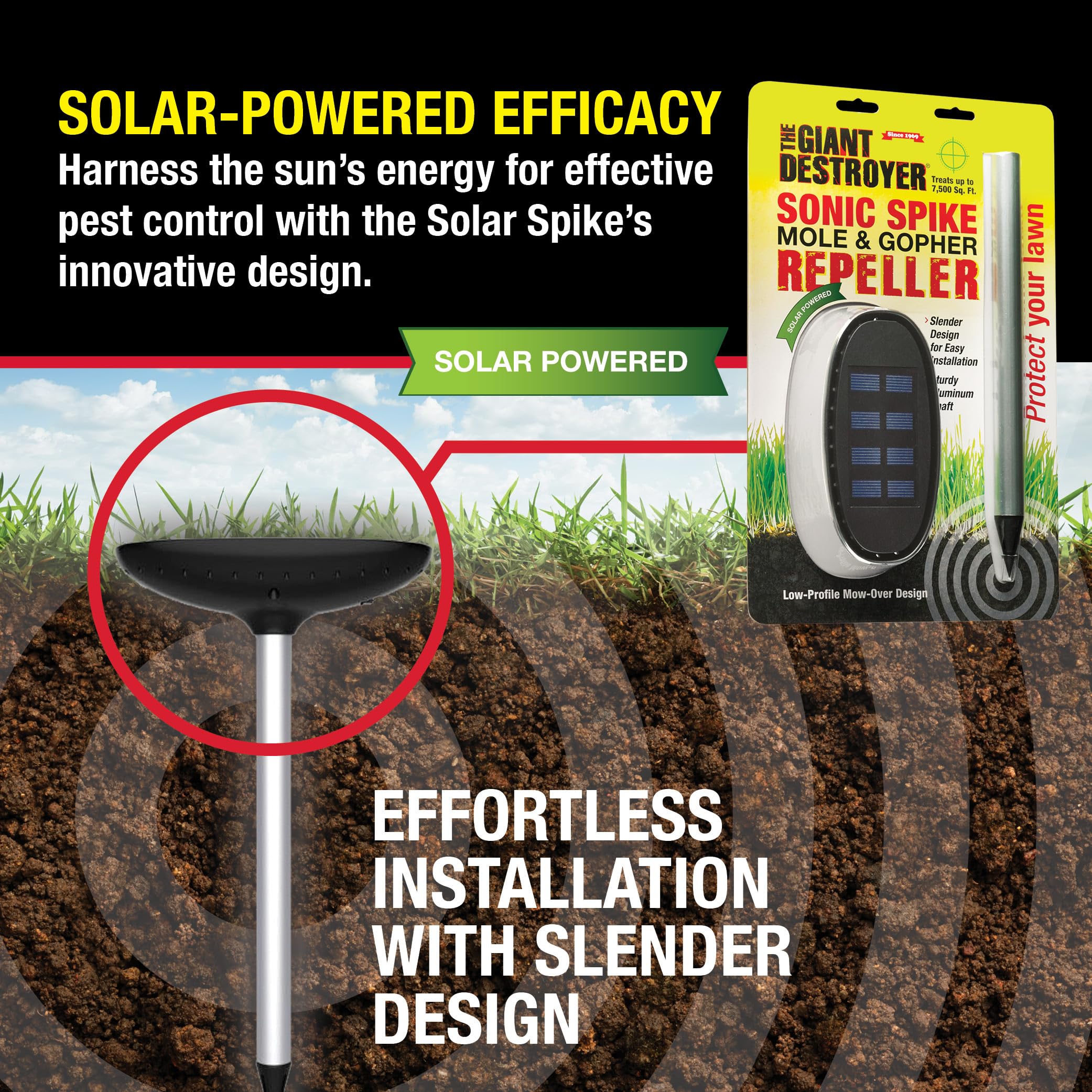 The Giant Destroyer Sonic Spike Mole & Gopher Repeller - Solar Powered Ultrasonic Animal Repellent Spikes - Repels Rodents from Lawn, Garden, & Home (1 Pack)