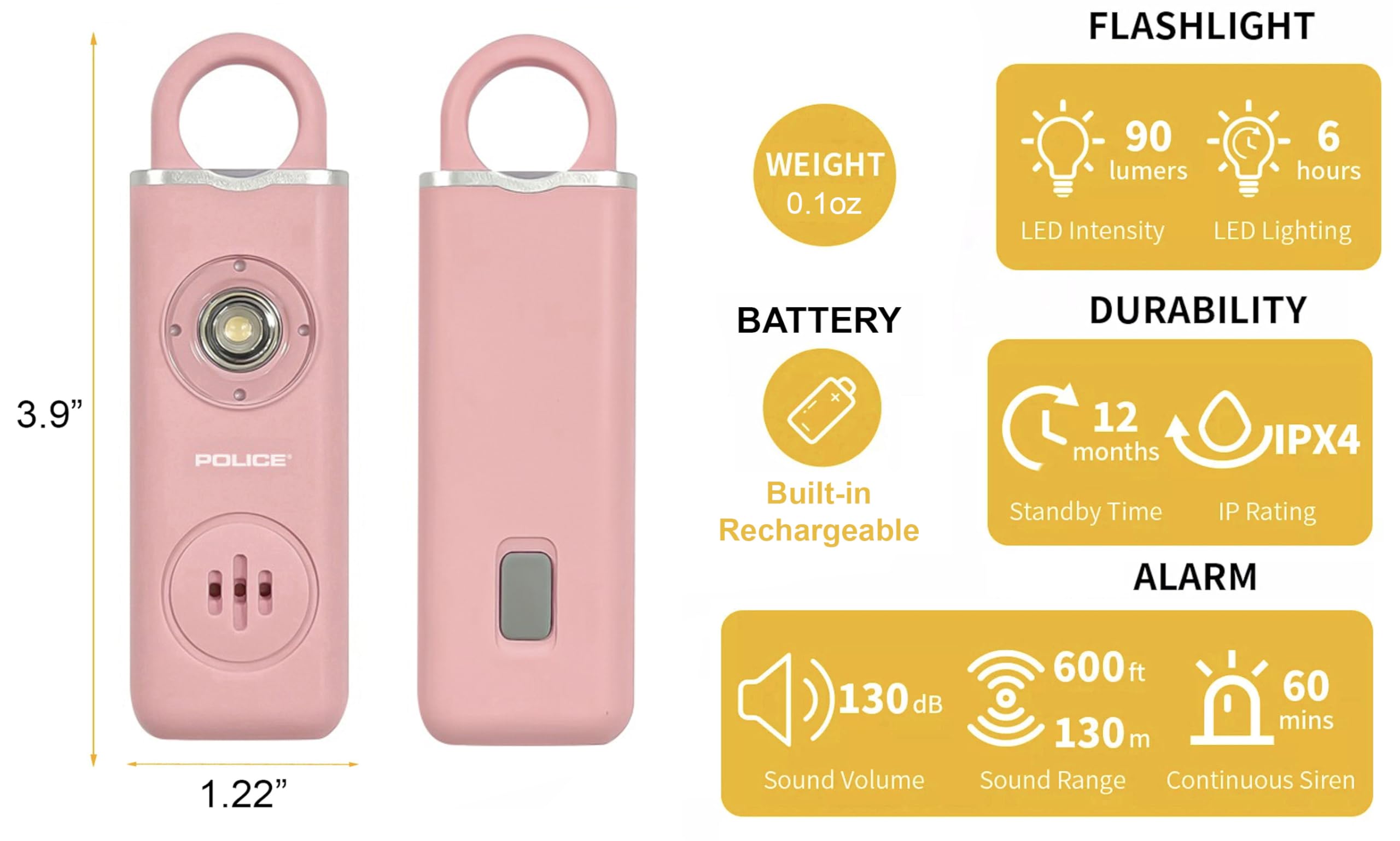 POLICE Personal Safety Alarm for Women – Loud Siren, Flashlight, Strobe Light and Key Chain Rechargeable, Pink