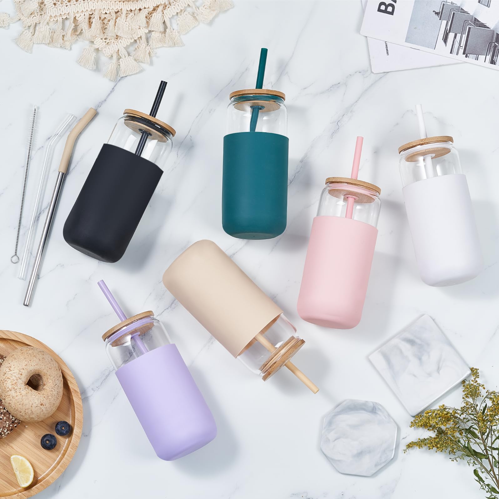 WillCome 20oz Glass Cups with Lids and 3 Types of Straws,Beer Can Shaped Glass Tumbler with Protective Sleeve,Cute Iced Glass Coffee Cup,Drinking Glasses for Smoothie,Beer,Gift,2Pack Green Purple