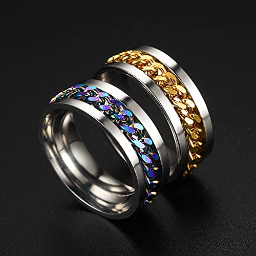 Hibijou Stainless Steel Spinner Ring for Men Women Chain Rings Biker Grooved Edge Fidget Bands with Chain Fidget Ring for Anxiety Relieving