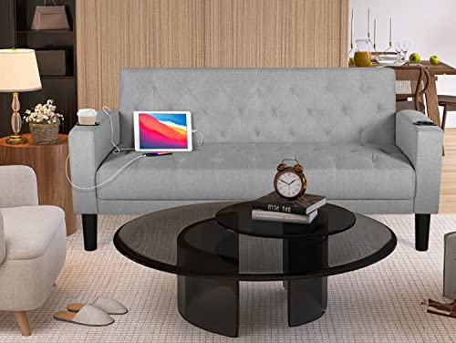 TYBOATLE 62" W Loveseat Sofa w/ 2 USB Charger Ports and 2 Cupholders, Mid-Century Modern Tufted Linen Fabric Small Love Seat Couches for Compact Living Room, Bedroom, Apartment, Dorm (Light Grey)