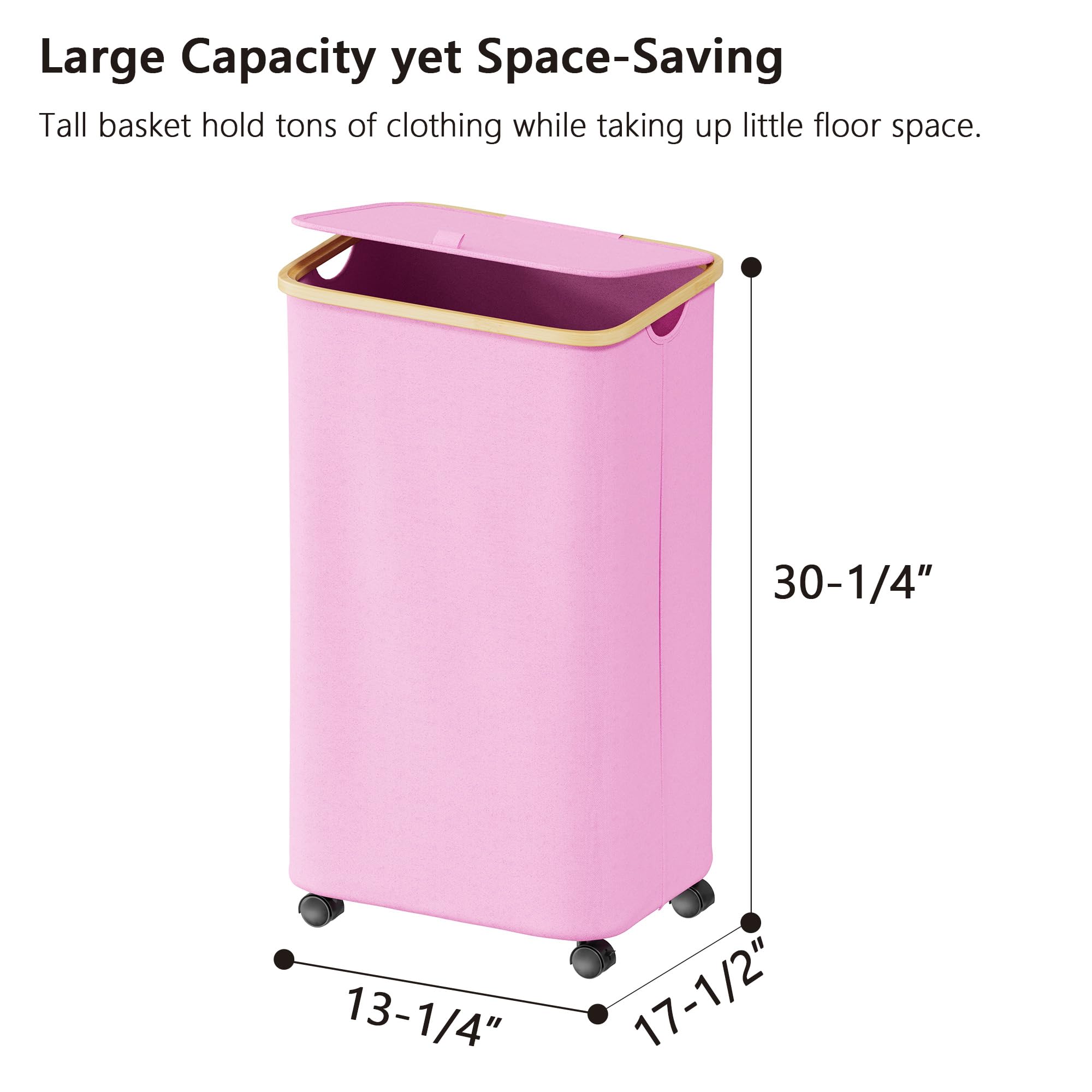 SUOCO Laundry Hamper with Wheels and Lid, 26 Gal (100L) Clothes Basket with Bamboo Handles, Large Foldable Laundry Hamper for Bedroom, Bathroom, Dorm, Laundry Room - Pink