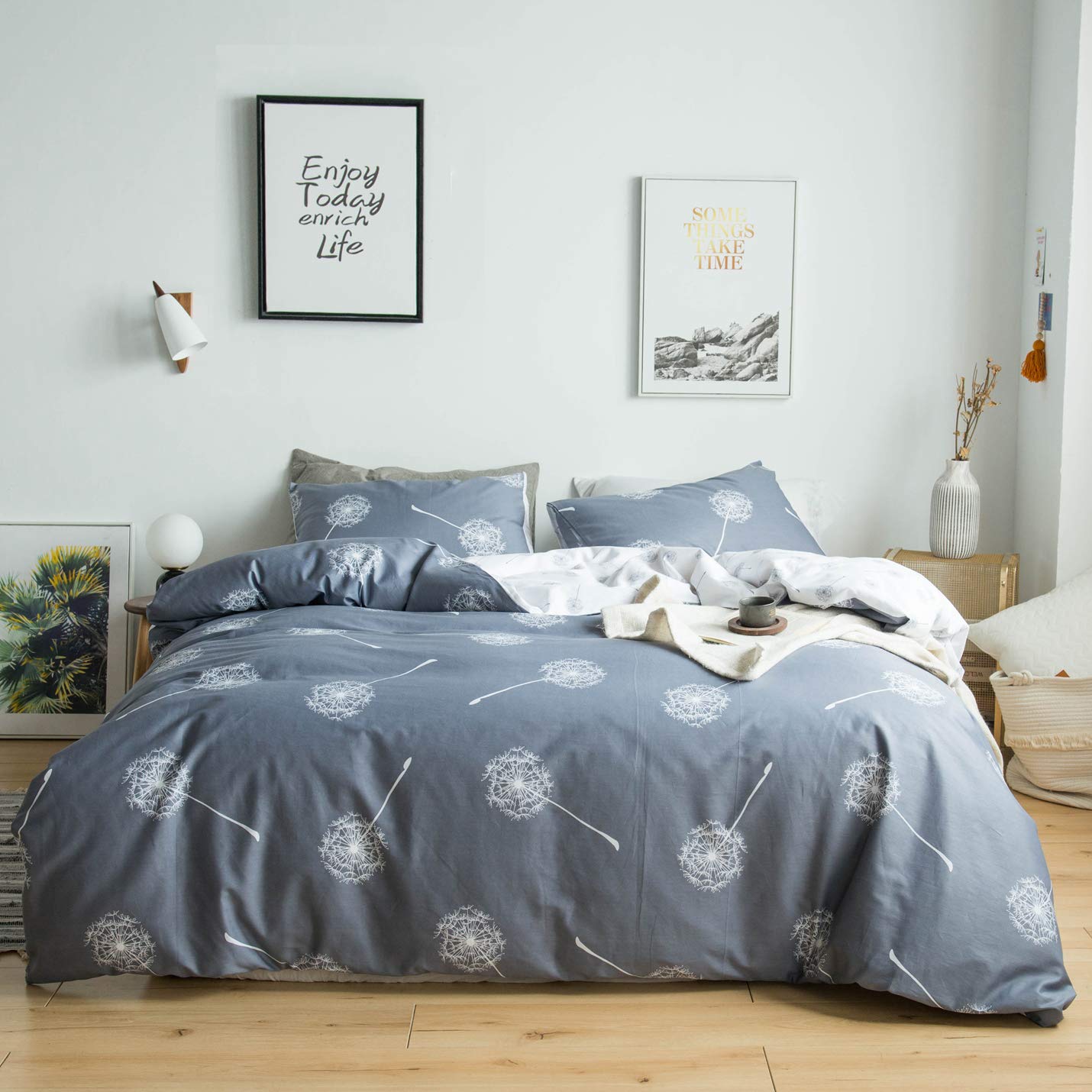 YuHeGuoJi Gray Botanical Duvet Cover Queen 100% Cotton Reversible Flower Duvet Cover 3 Pcs Set 1 White Dandelion Duvet Cover with Zipper Ties 2 Pillowcases Farmhouse Plant Print Bedding Set