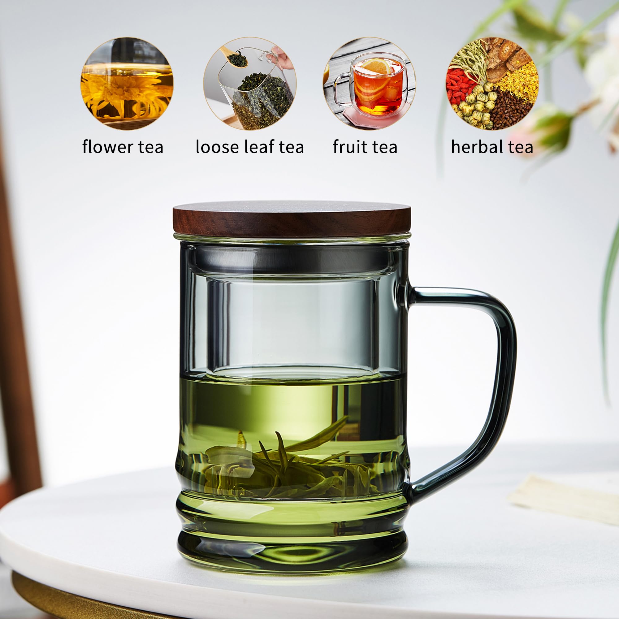 Unbreakable Glass Tea Cup with Infuser and Lid - 15oz Tea Mug for Loose Leaf Tea, Infusion Mug with Glass Filter and Wooden Lid