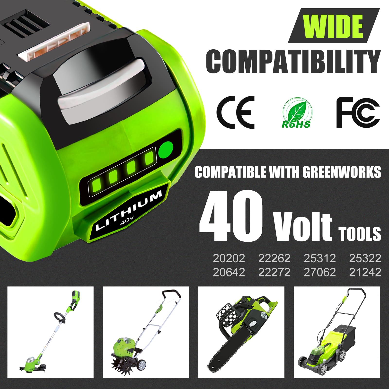 Replacement Battery for Greenworks 40V Battery 29472 29462 29252 20202 22262 25312 21242 Lithium Battery Compatible with GreenWorks G-MAX 40 Volt Cordless ChainsawTools 【 40V 6000mAh】 (Green)