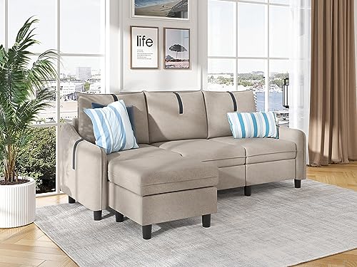Pingliang Home 80" Sectional Sofas for Living Room, 3 Seat L Shaped Couch with Reversible Ottoman, Modern Linen Fabric Small Sectional Couch for Apartment Small Space, Beige