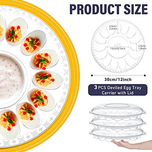 Shellwei 3 Pcs Deviled Egg Tray with Lid 12 Inch Round Egg Containers with 15 Egg Slots Reusable Plastic Egg Holder Platter for Deviled Egg Fruits Veggie Finger Food
