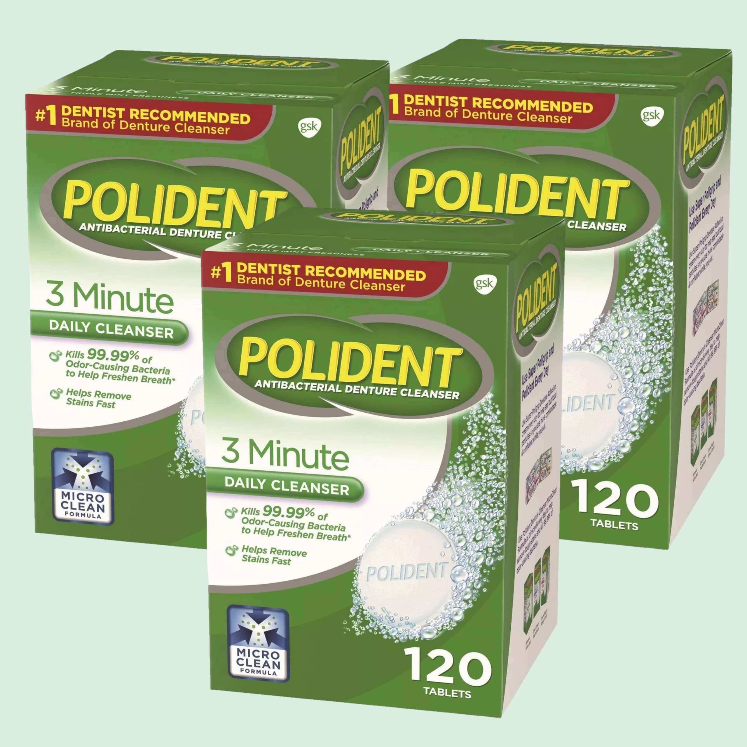 Polident 3 Minute Denture Cleanser β Denture Tablets with Triple Mint Flavor, Won't Scratch Dentures, Formulated To Dissolve Quickly (Pack of 3)