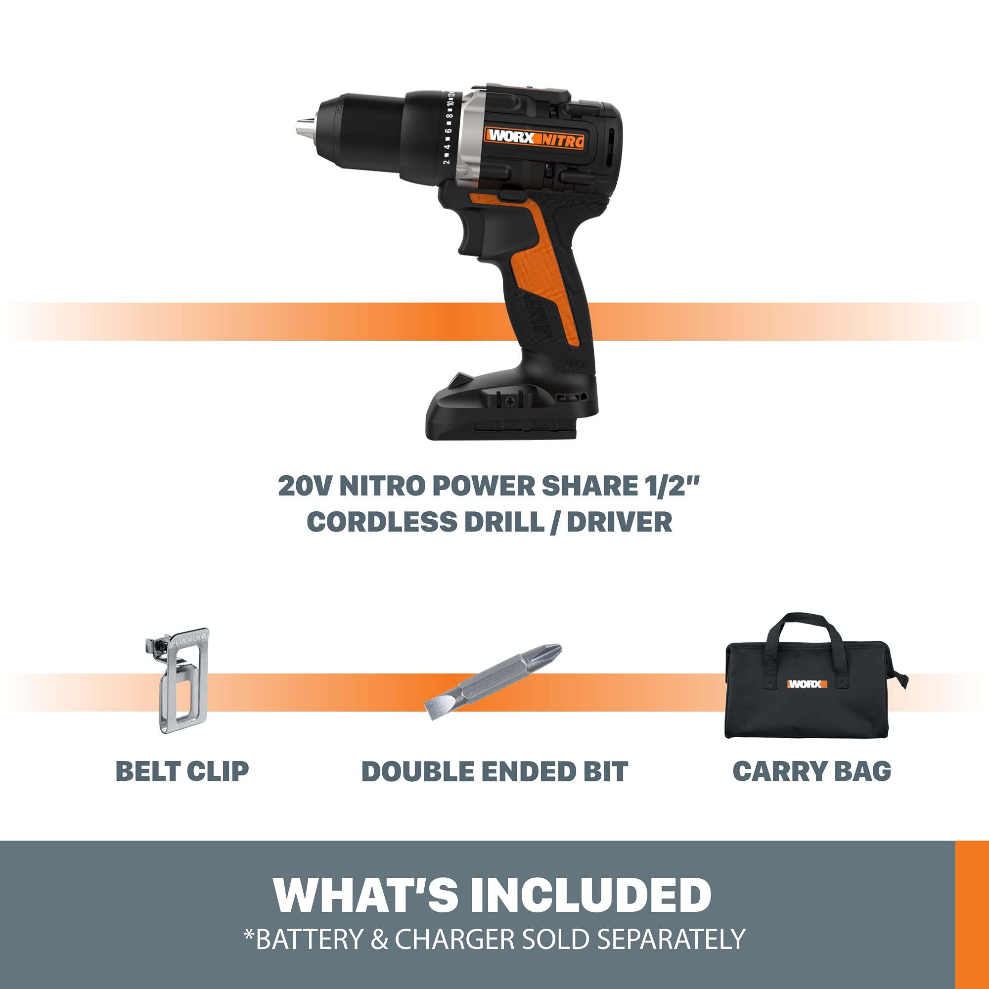 Worx Nitro 20V 1/2" Cordless Brushless Drill Driver 535 in-lbs. Torque and Heavy-Duty 1/2" Chuck, Drill Set with Storage Bag, Cordless Drill Power Share Compatible WX102L – Tool Only