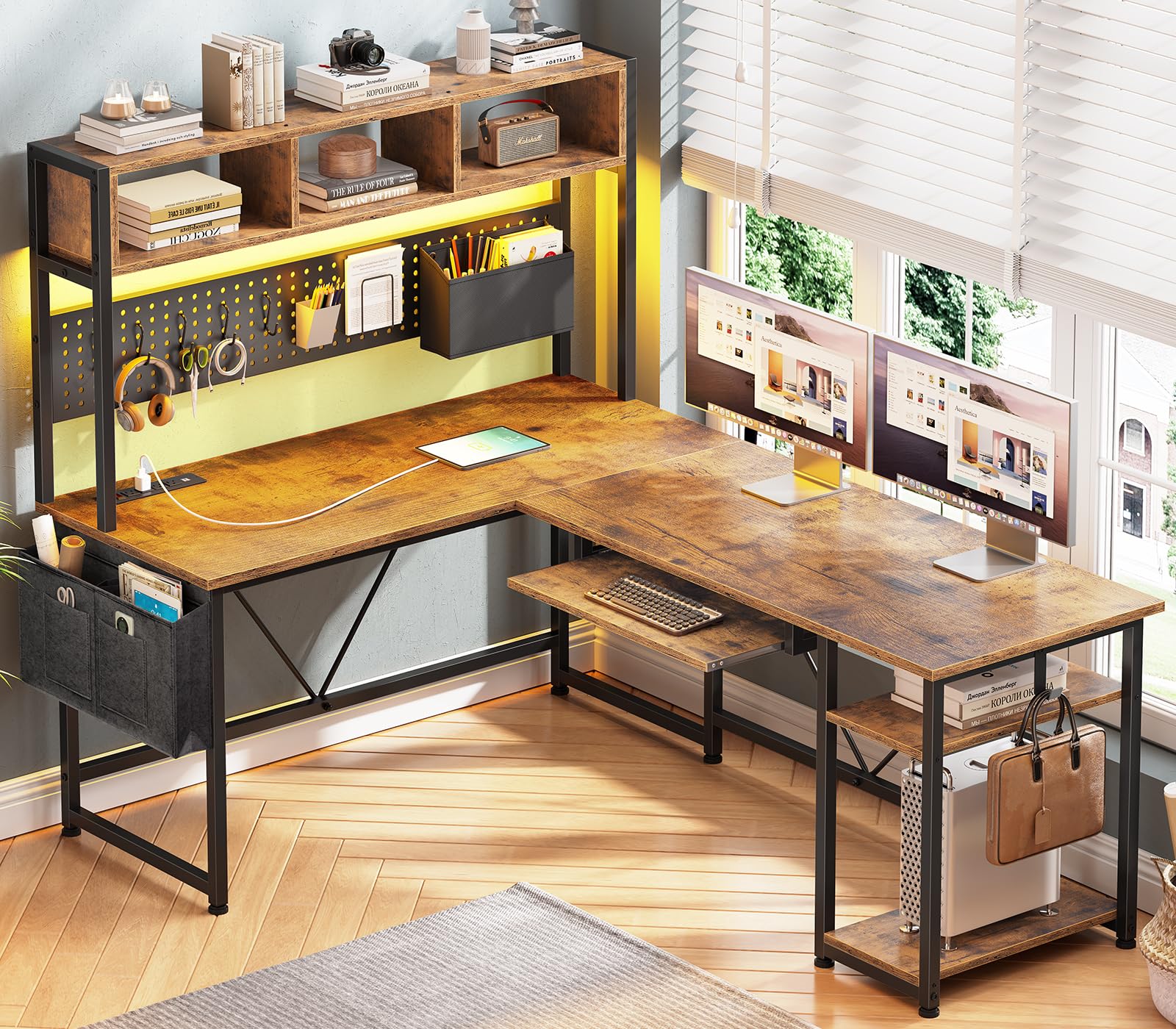 SEDETA L Shaped Gaming Desk with Hutch, 57.5β Reversible Corner Computer Desk with Storage Shelves, Gaming Desk with Pegboard, LED Lights, Power Outlet, Keyboard Tray (Rustic Brown)