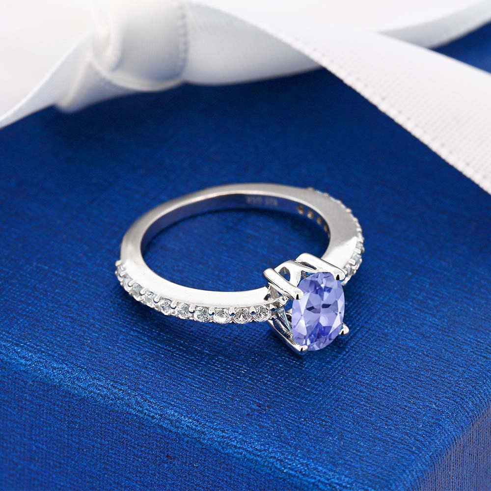 Gem Stone King 1.05 Ct 7x5mm Oval Tanzanite White Created Sapphire 925 Silver Ring (Size 5)