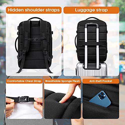 POWAITER Travel Backpack for Women Men, Carry On Backpack Flight Approved Fits 17 Inch Laptop with 4 Packing Cubes for Travel & Business Trip-Black