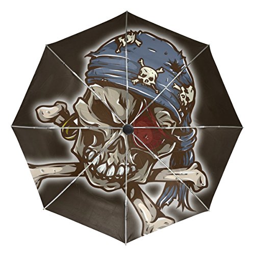 Vipsk Automatic Umbrellas, Windproof Lightweight Windproof Anti One-Eyed Pirate Skeleton Brown-Black Compact Folding Umbrellas with Anti-Slip Rubberized Grip, for Business and Travels or Summer Gifts