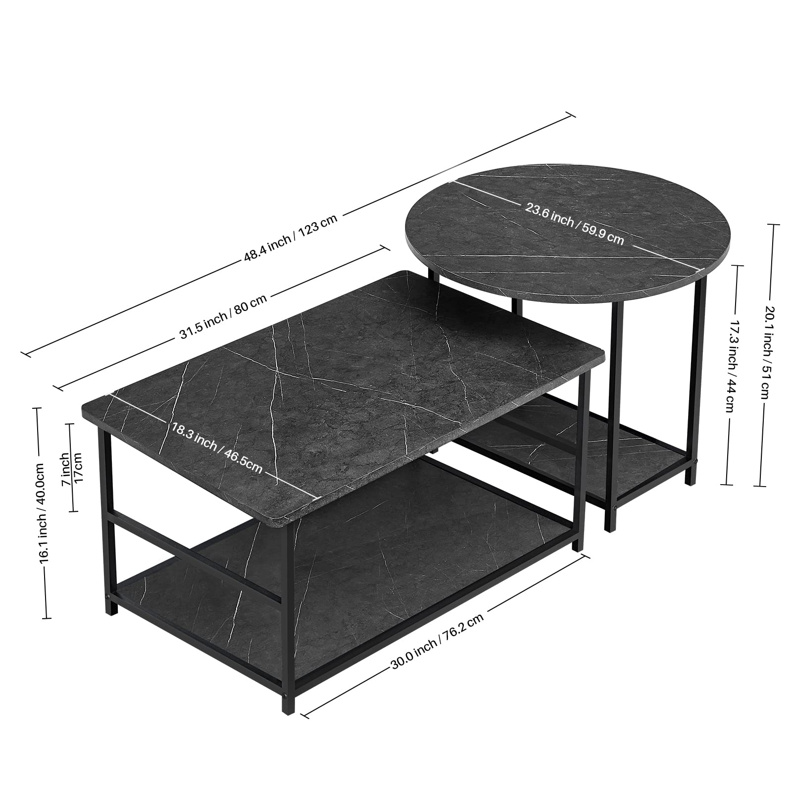 WOHOMO Coffee Table, Black Modern Coffee Tables for Living Room 2 in 1Detachable Small Center Table Set with Storage, Black Marble