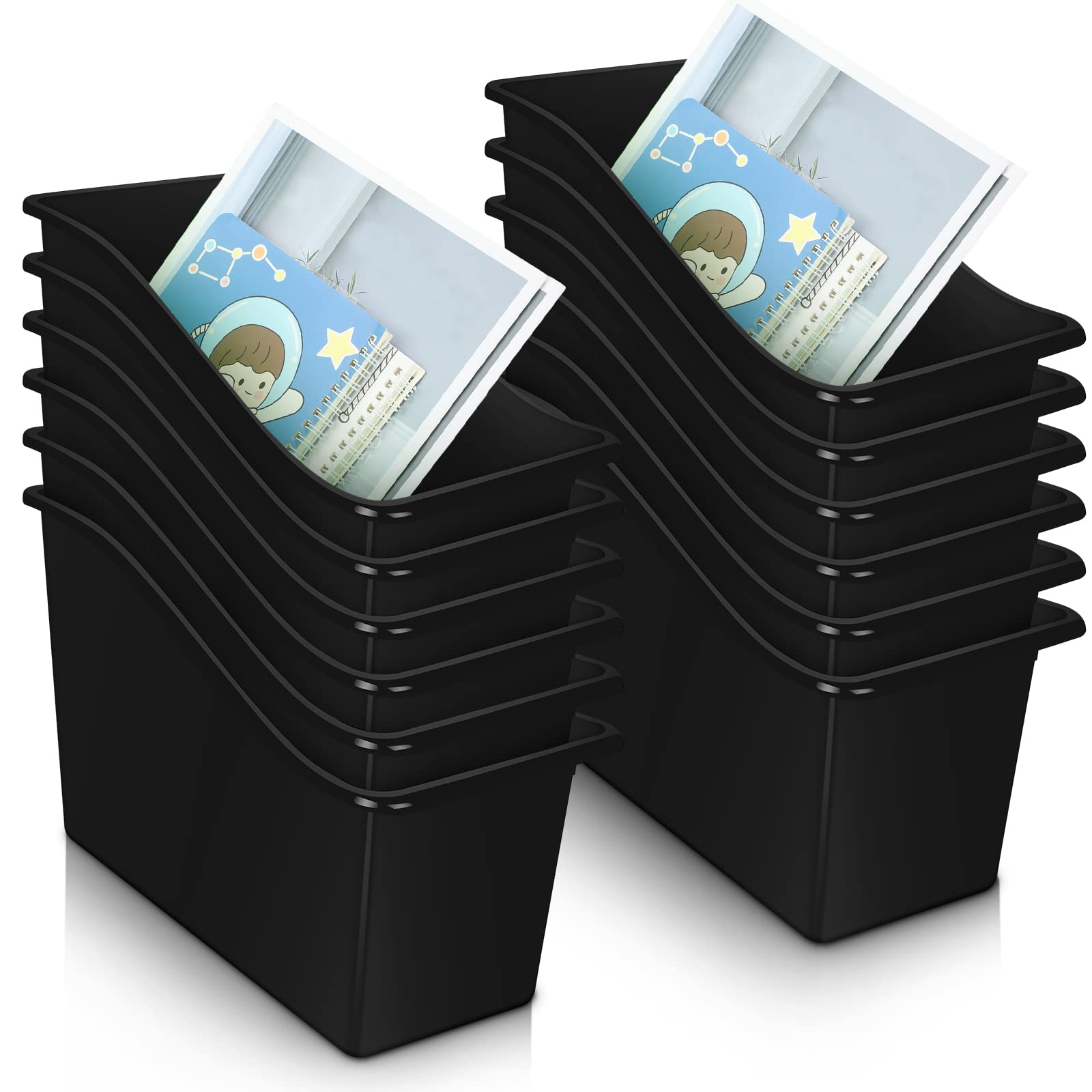 Fuutreo 12 Pieces Book Bins for Classroom Plastic Binder Holder Magazine Stuff Folder File Organizer Box for Home Office School Supplies (Black)