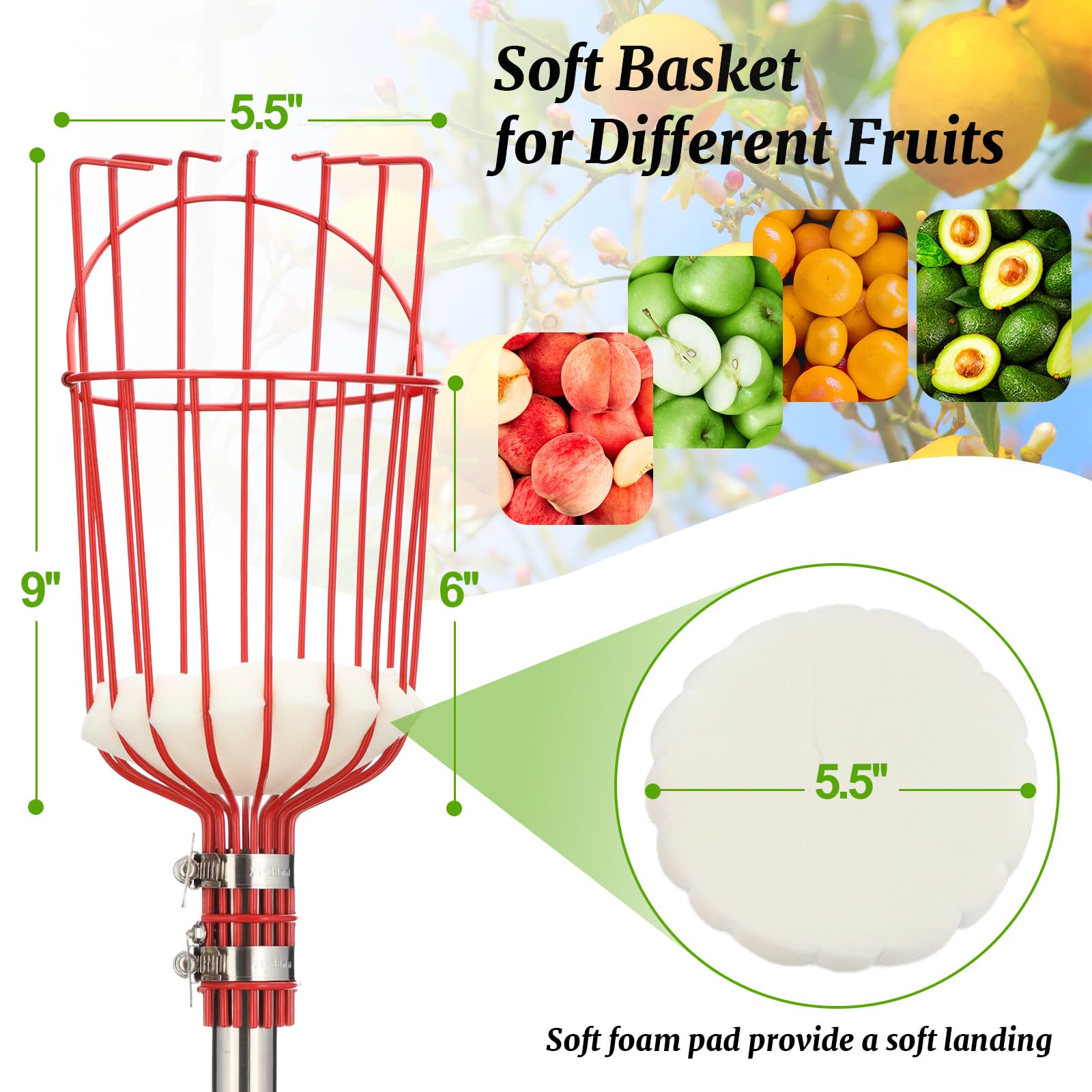 Fruit Picker, 5.5FT Adjustable Fruit Picker with Basket, Long Handle Fruit Catcher Tool for Apple Mango Pear Orange Avocado Lemon Citrus Tree Picker