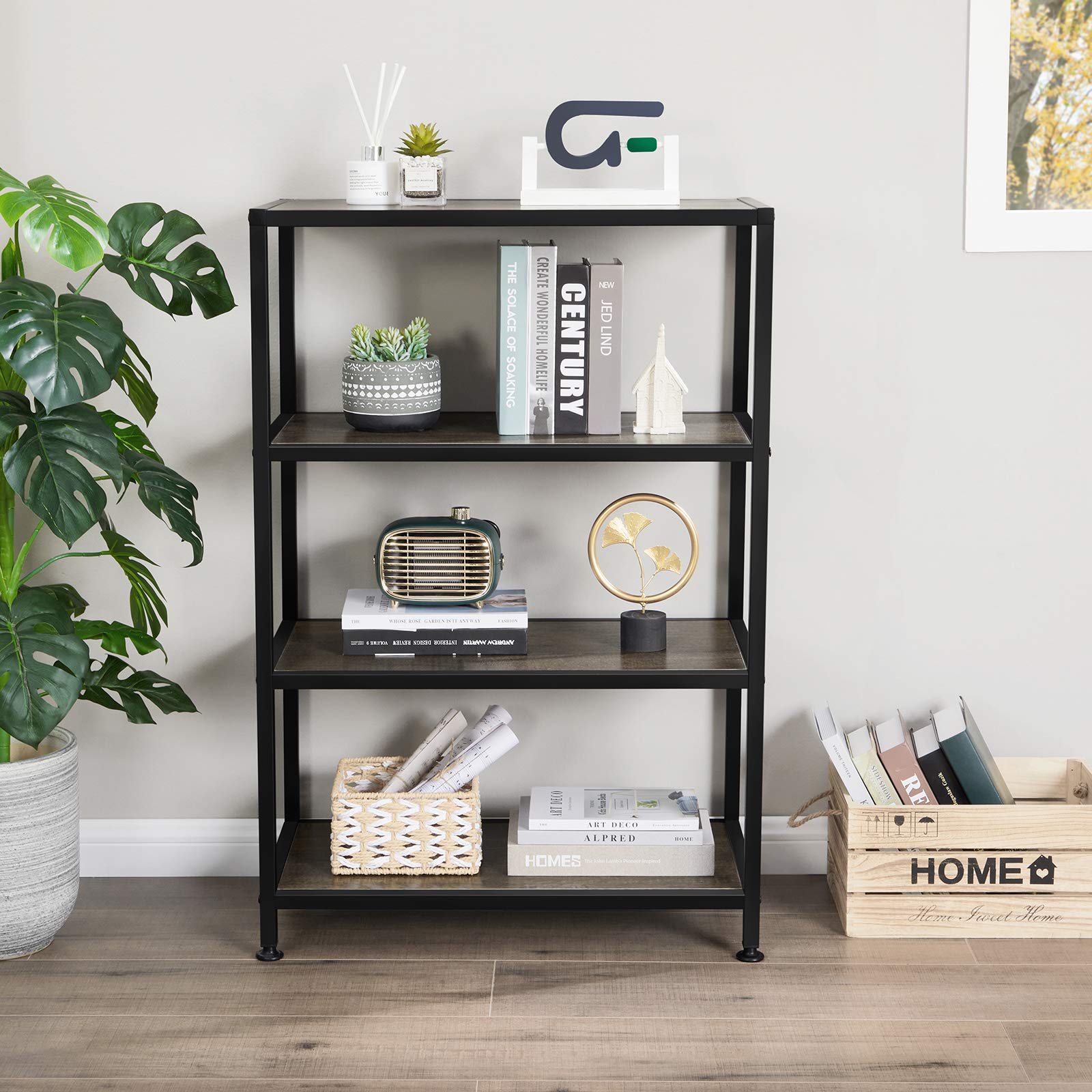 GreenForest 4-Tier Bookshelf Industrial Open Shelf Bookcase with Metal Frame for Home and Office Storage Display Shelves, Rustic Walnut