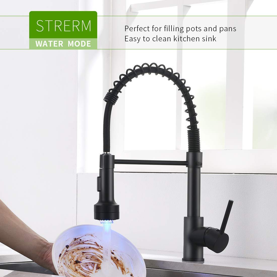 GIMILI Black Kitchen Faucet with Sprayer Modern Single Handle Pull Down Sprayer Matte Black Kitchen Faucet Pull Down with LED Light