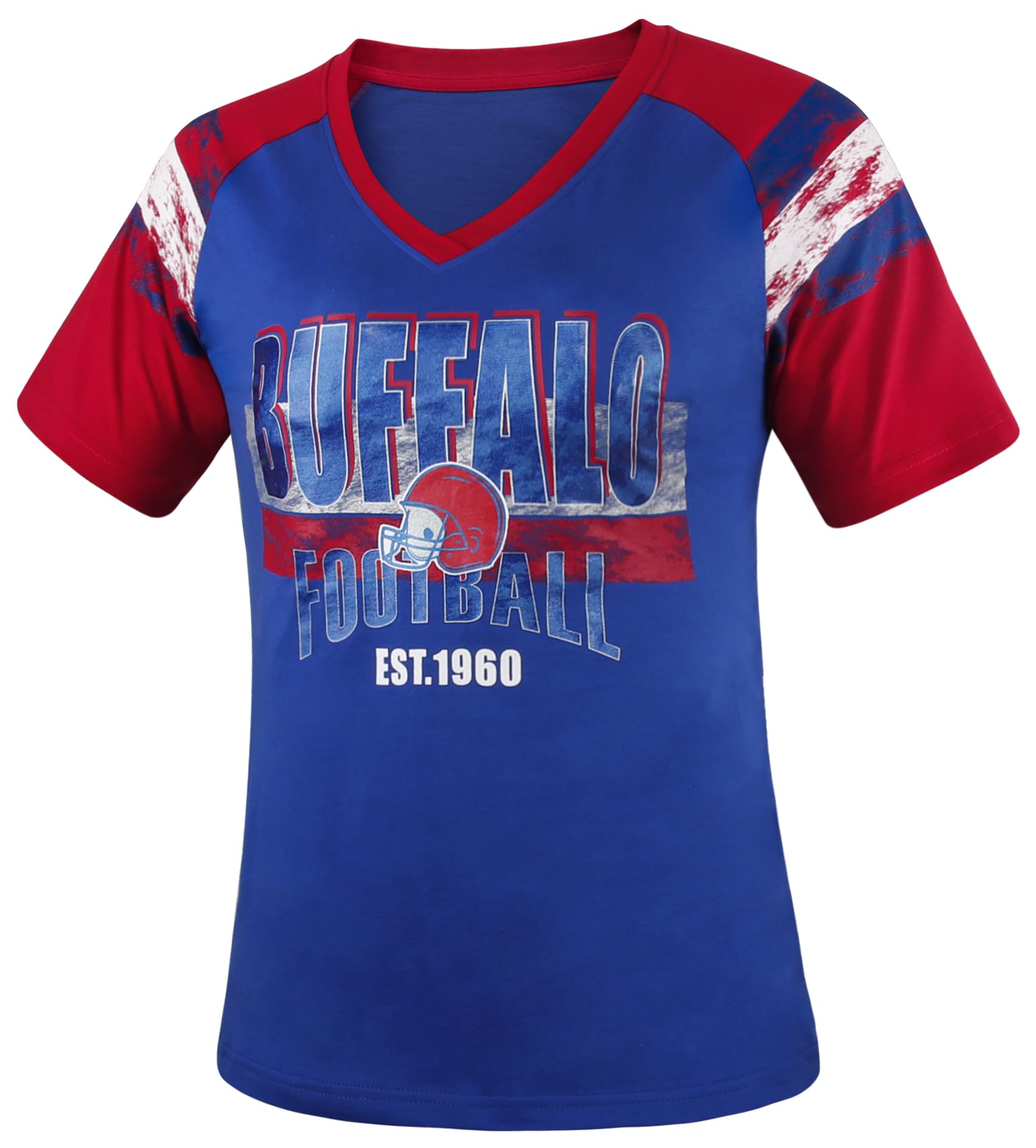 Geneisteck Womens Football Fans V Neck City Raglan T-Shirts - Royal Blue & Red Medium