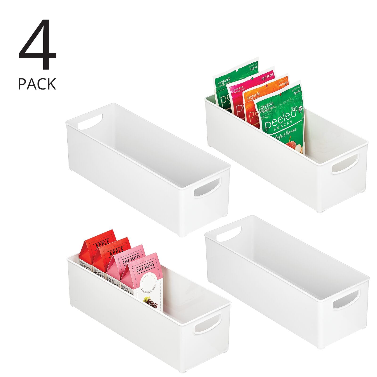 mDesign Plastic Stackable Kitchen Organizer - Storage Bin with Handles for Refrigerator, Freezer, Cabinet, and Pantry Shelves Organization - Food Container - Ligne Collection - 4 Pack - White