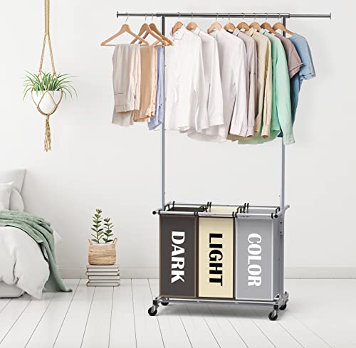 Simple Houseware Garment Rack with 3 Bag Laundry Sorter, Multi Color