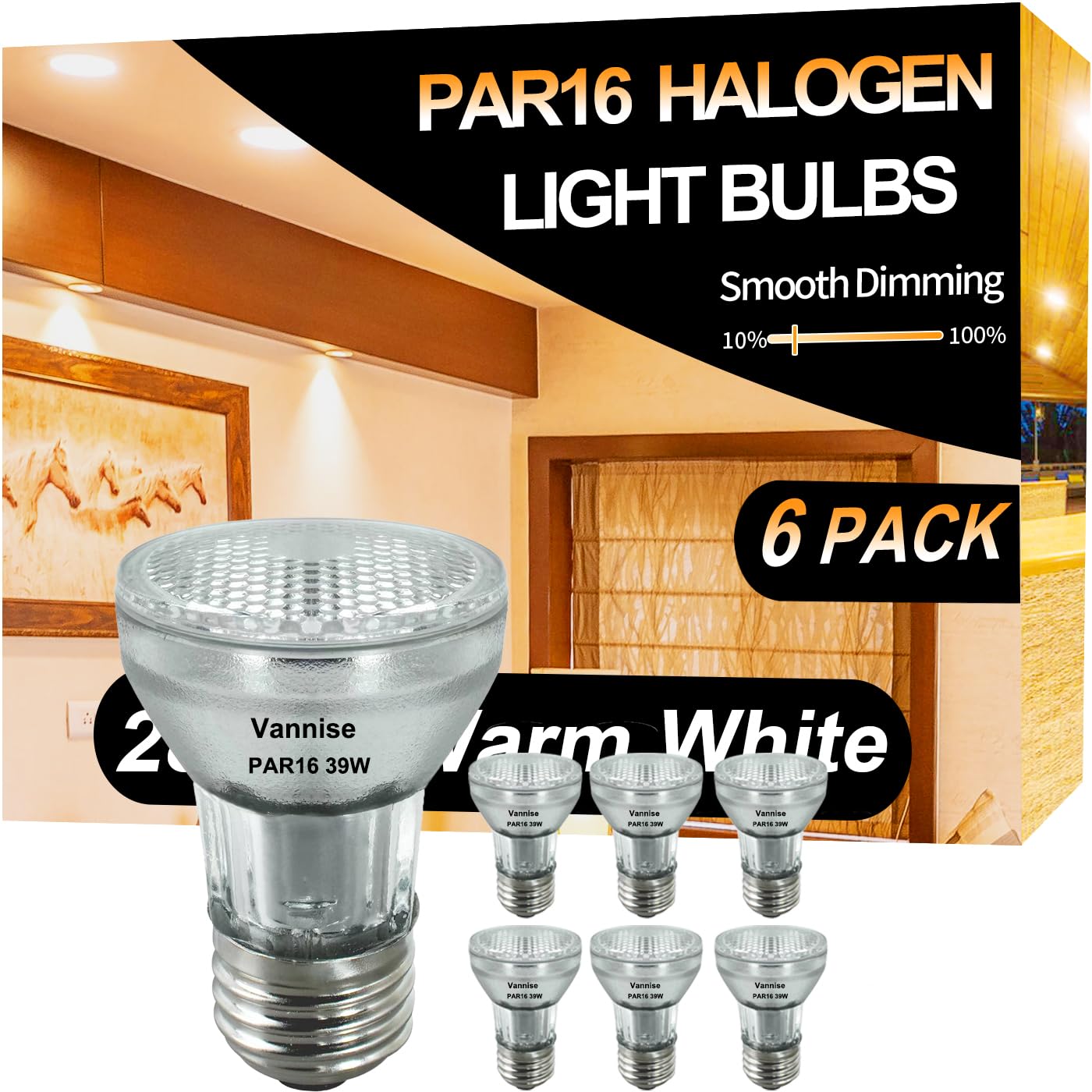 Vannise Halogen Light Bulbs E26 PAR16 - High Output 350LM PAR16 Bulb 39W, Equivalent 45W, 6PCS Long Lasting PAR16 Flood Bulb Dimmable with 2800K Warm White, PAR16 Halogen Bulb 39w for Ceiling Lights