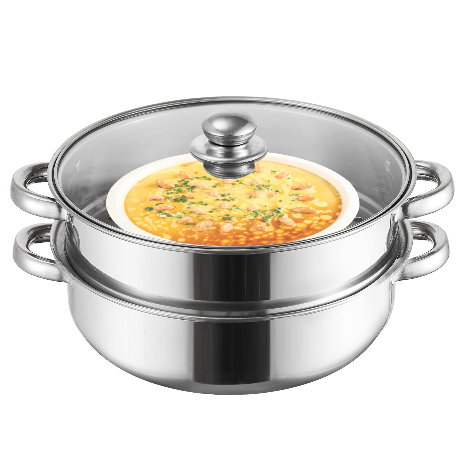 ZENFUN Steamer for Cooking, Steamer Pot with Steamer Insert, 2 Tier Stack and Steam Pot Set with Glass Lid, Stainless Steel Steamer Pot Double Handle, 11 Inch(Thickened)
