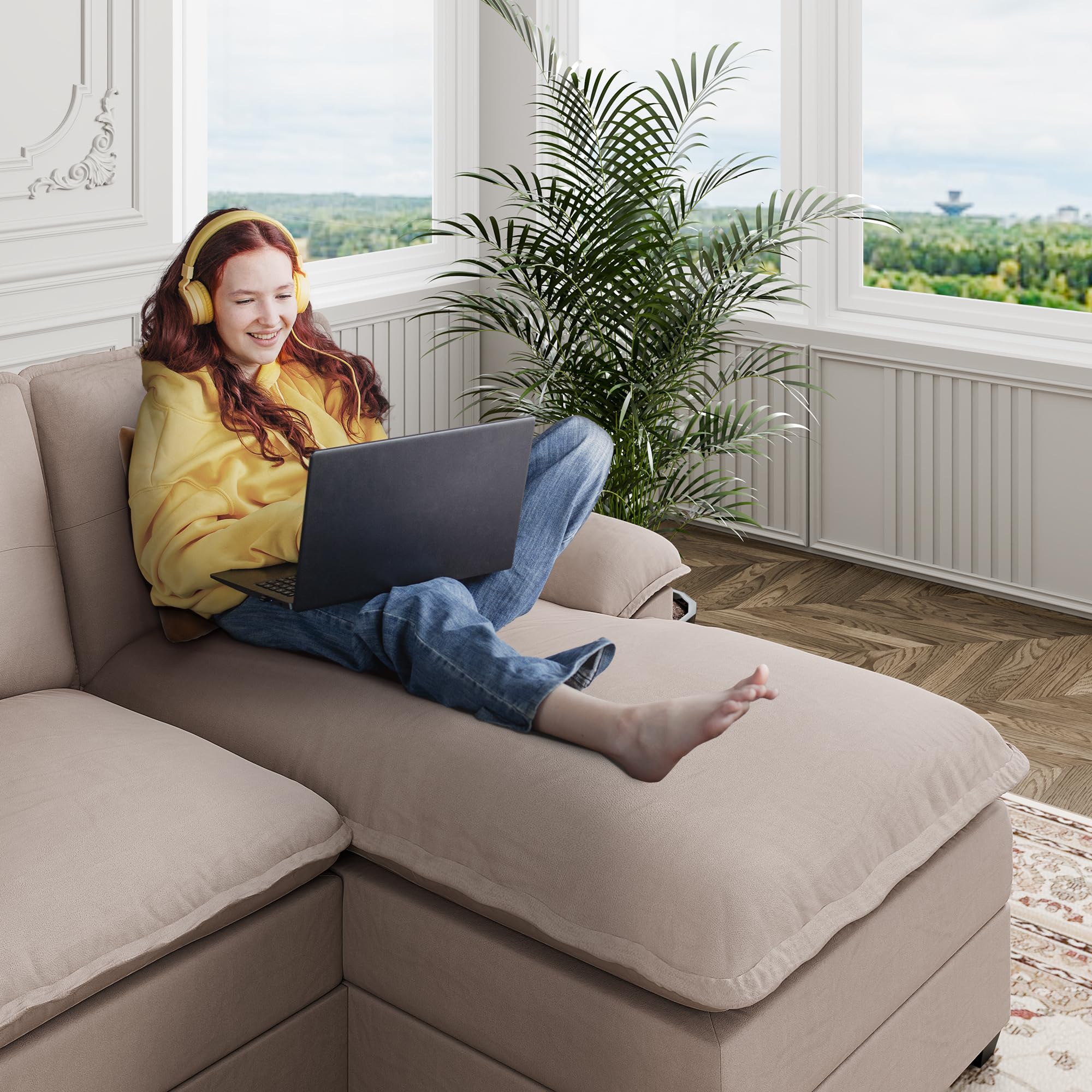 Shintenchi 110" Modular Sectional Couches for Living Room, U-Shaped Sofa Couch with Double Chaise, 4 Seat Sofa Sets with Thick Cushion & Soft Backrest, Beige