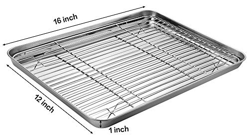 Stainless Steel Baking Sheet Tray Cooling Rack with Silicone Baking Mat Set, Cookie Pan , Set of 6 (2 Sheets + 2 Racks + 2 Mats), Non Toxic, Heavy Duty & Easy Clean