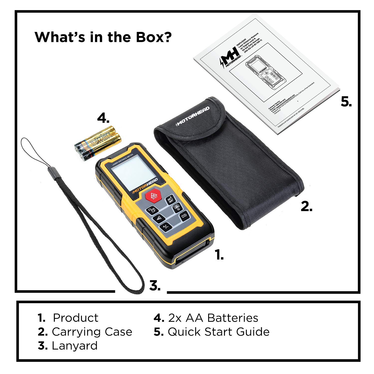 MOTORHEAD 196Ft/60M Laser Measure, Laser Distance Measure w/Digital Level & Angle Sensor, M/in/Ft, 50 Data Set Storage, 3 Measurement Points, Backlit LCD, Pythagorean, Area & Volume Functions