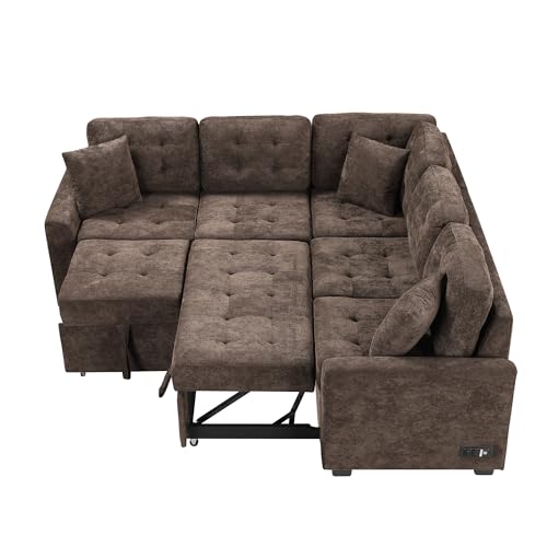 WOODRK 82.6" L-Shaped Sleeper Sofa Bed with Pull-Out Beds, Modern Convertible Couch with Wheels, USB Charging Ports, Power Sockets and 3 Pillows, for Living Room, Office, Brown