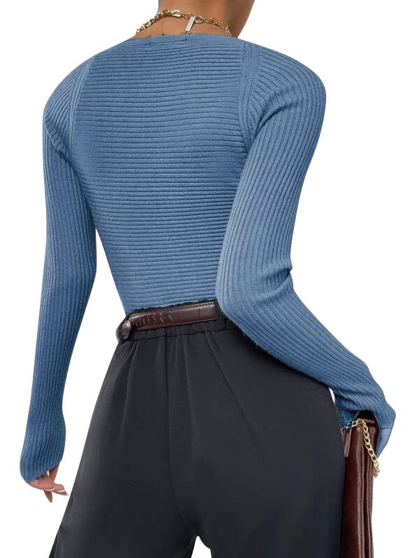 Women V Neck Sexy Crop Sweater Pullover Long Sleeve Ribbed Knit Fitted Slim Casual Tops Blue