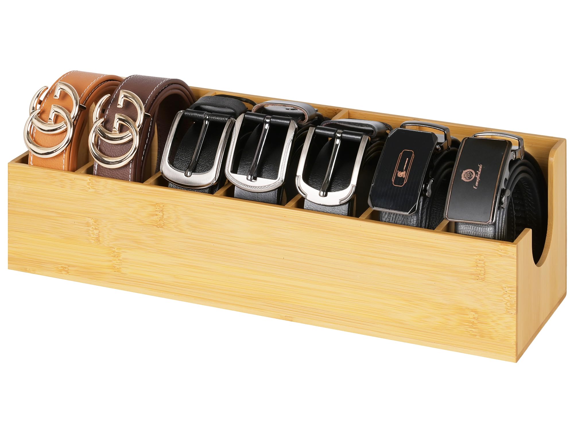 StorageWorks Bamboo Belt Organizer, Belt holder for Closet and Drawer, 7 Compartments Belt Case Storage Holder and Display for Accessories, Natural Bamboo