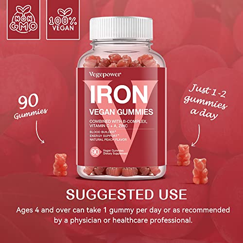 Vegan Iron Gummies Supplement - with Vitamin C, A, B-Complex, Folate, Zinc for Adults & Kids - Blood Builder & Energy Support for Iron Deficiency, Anemia, No After Taste - Peach Flavor (90 Ct)