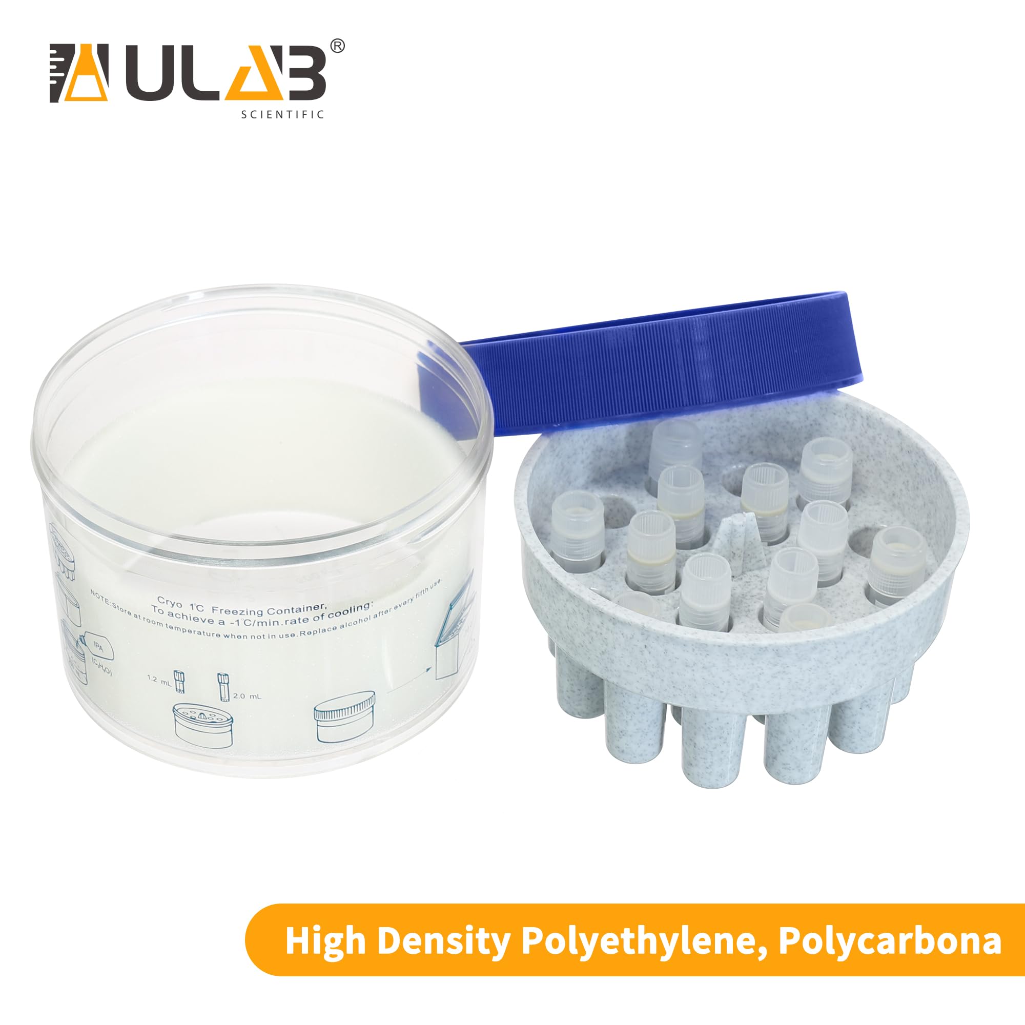 ULAB Scientific Cryo-Safe -1℃(-33.8℉) Freezing Container, Polycarbonate Jar with High-Density Polyethylene Closure, 18-Place Tube Holder, UCP1001