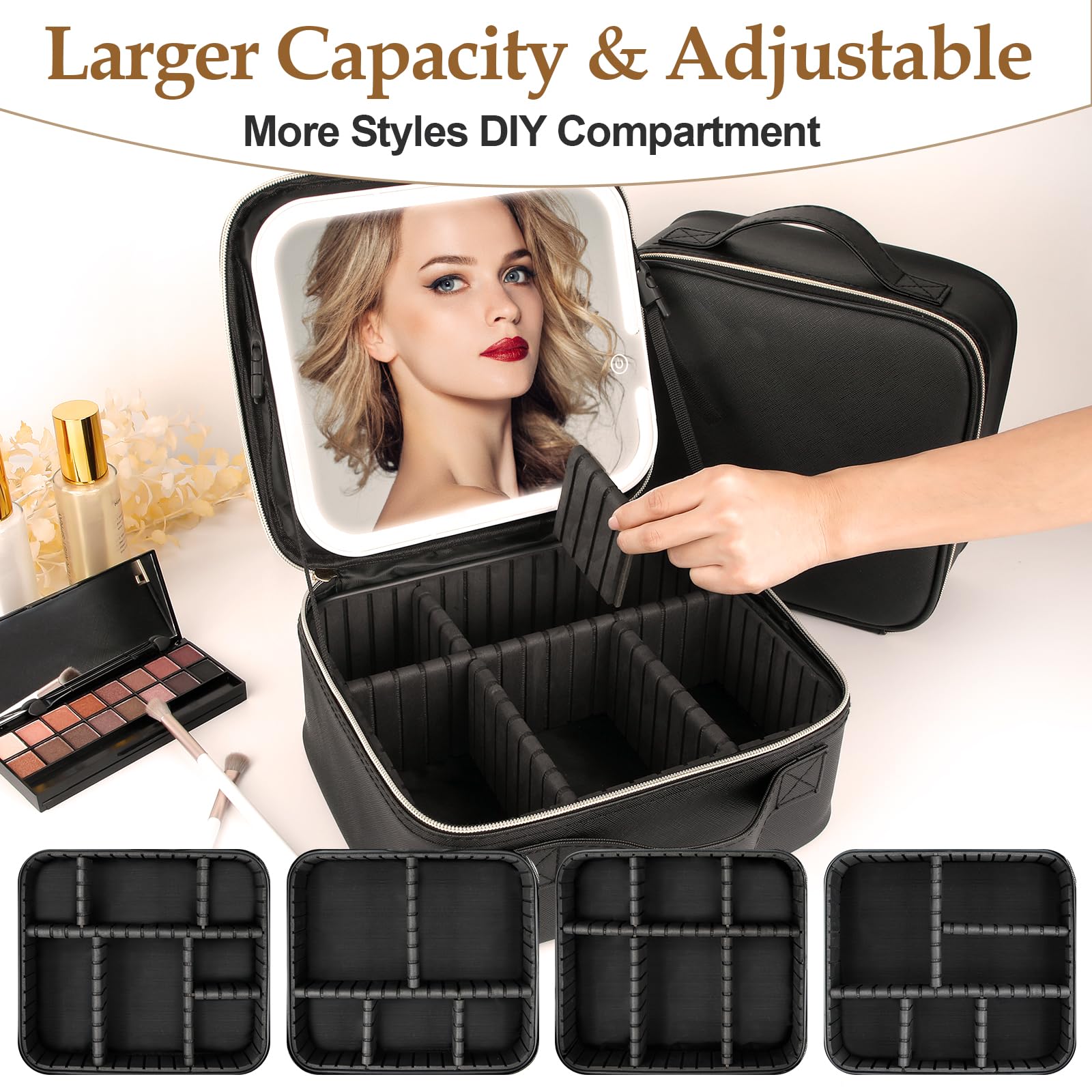 POZILAN Makeup Bag with Light Up Mirror - Make Up Bag with Mirror and Light and Adjustable Dividers, Waterproof Makeup Bag with Lighted Mirror, Portable Makeup Brush Organizer Gift for Women