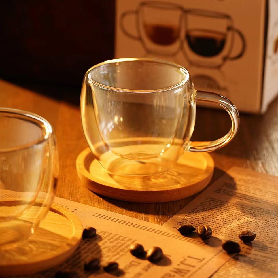 Stylusella Espresso Cup Set (2 pack 2.5 oz / 80 ml), Double Wall Borosilicate Glass Espresso Cups with Handles, ideal for a small espresso shot