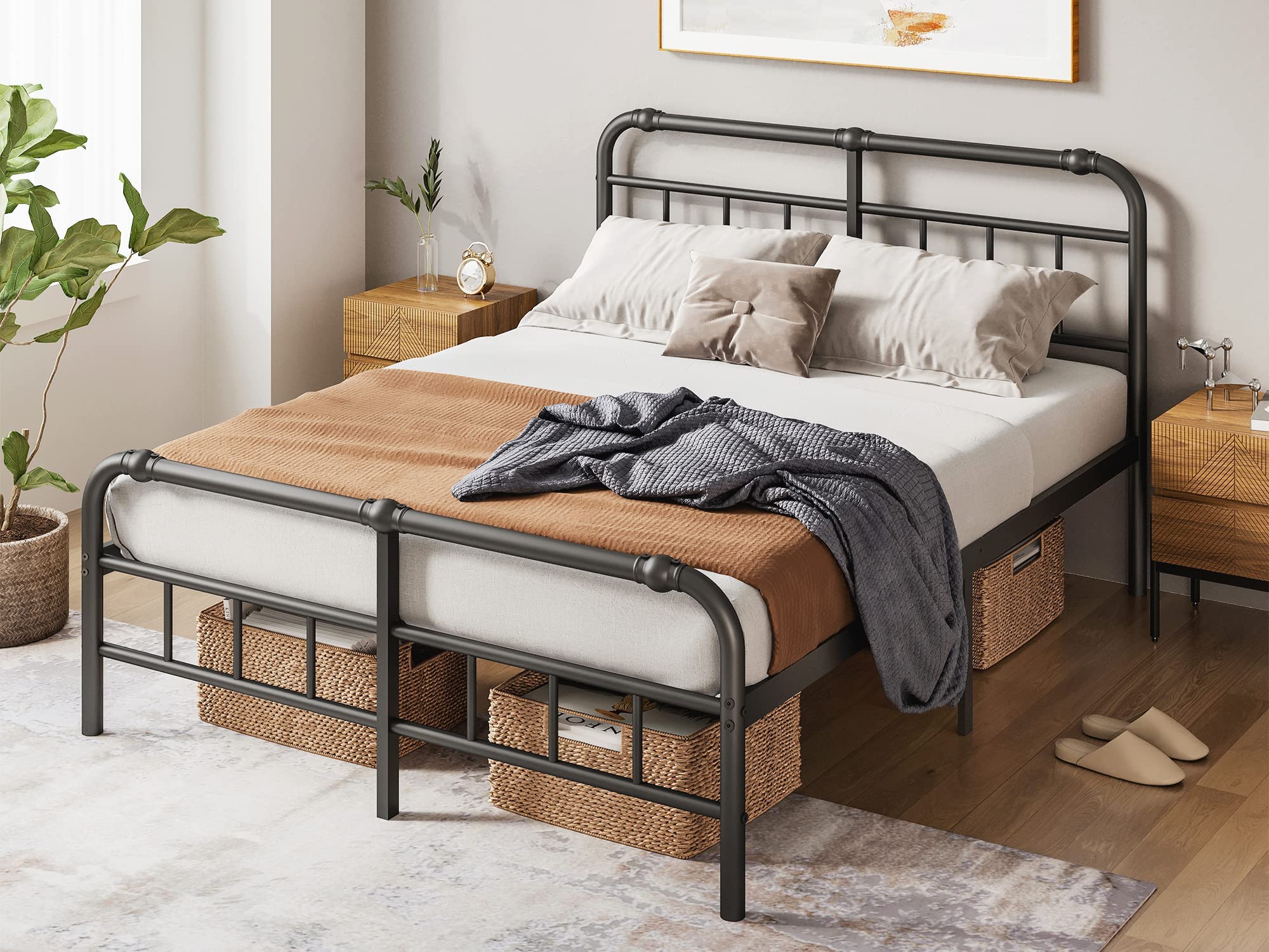FSCHOS Queen-Bed-Frame-with-Headboard and Footboard, 18 Inch Metal Platform Bed-Frame-Queen-Size, Premium Steel Heavy Duty Bed Frame Queen No Box Spring Needed, Easy Assembly, Black