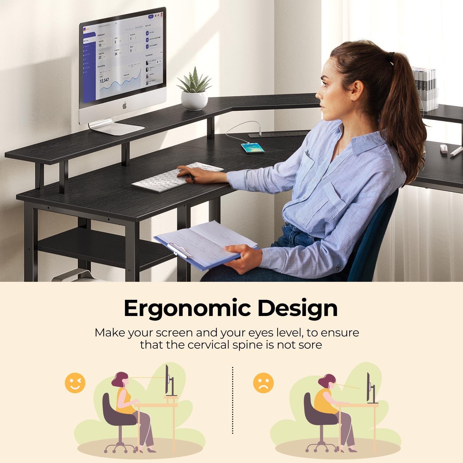 Rolanstar L Shaped Gaming Desk with LED Lights & Power Outlets, 56" Computer Desk with Full Monitor Stand & Storage Shelf, Corner Desk with Hooks, Black Desk Reversible
